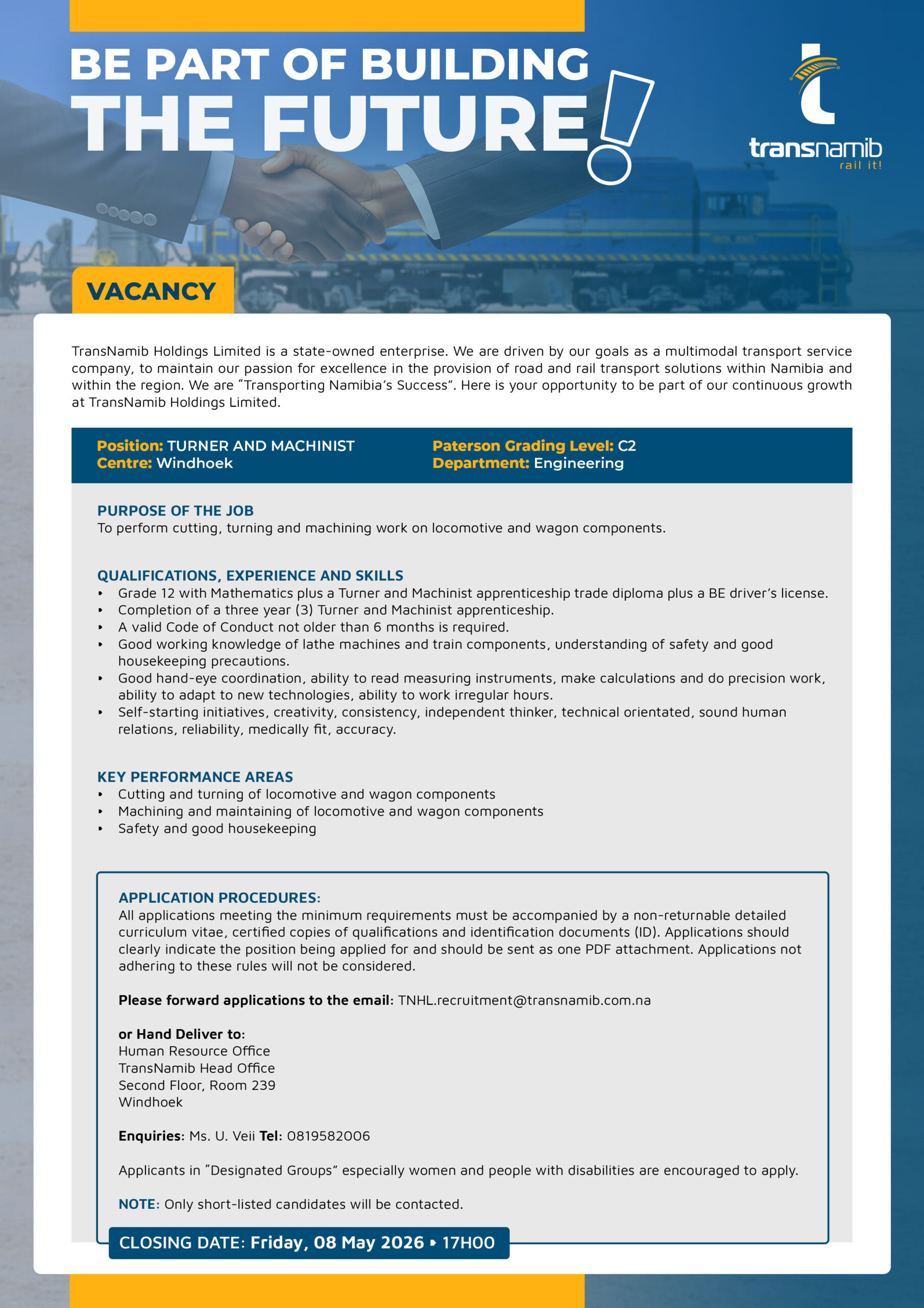May TransNamib Vacancies 2026 Recruitment now open